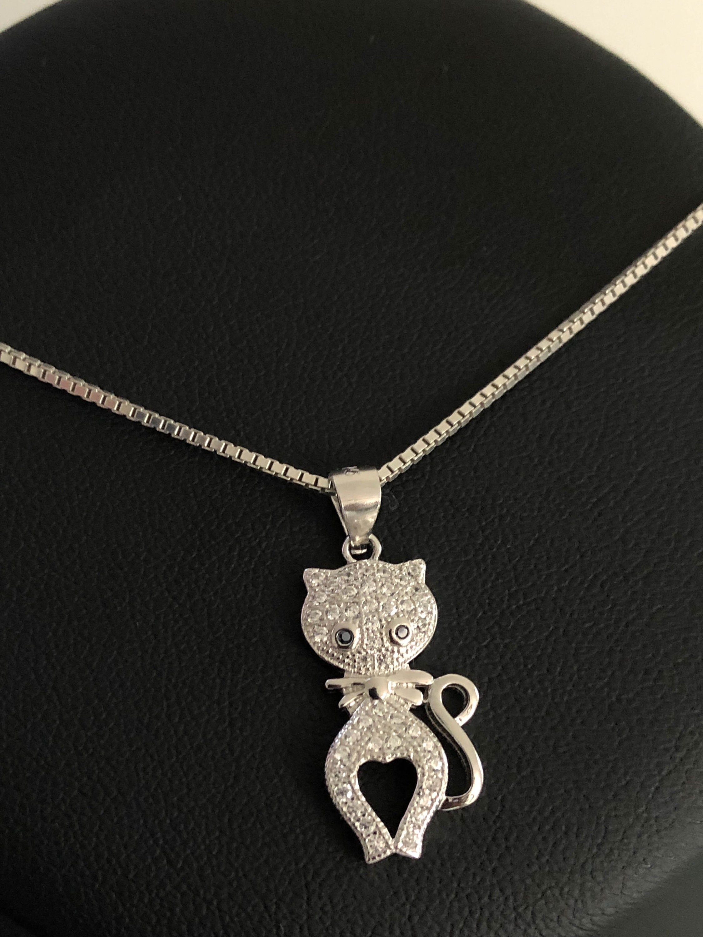 Cat Necklace Sterling Silver CZ Cat Necklace Cat Charm | Etsy