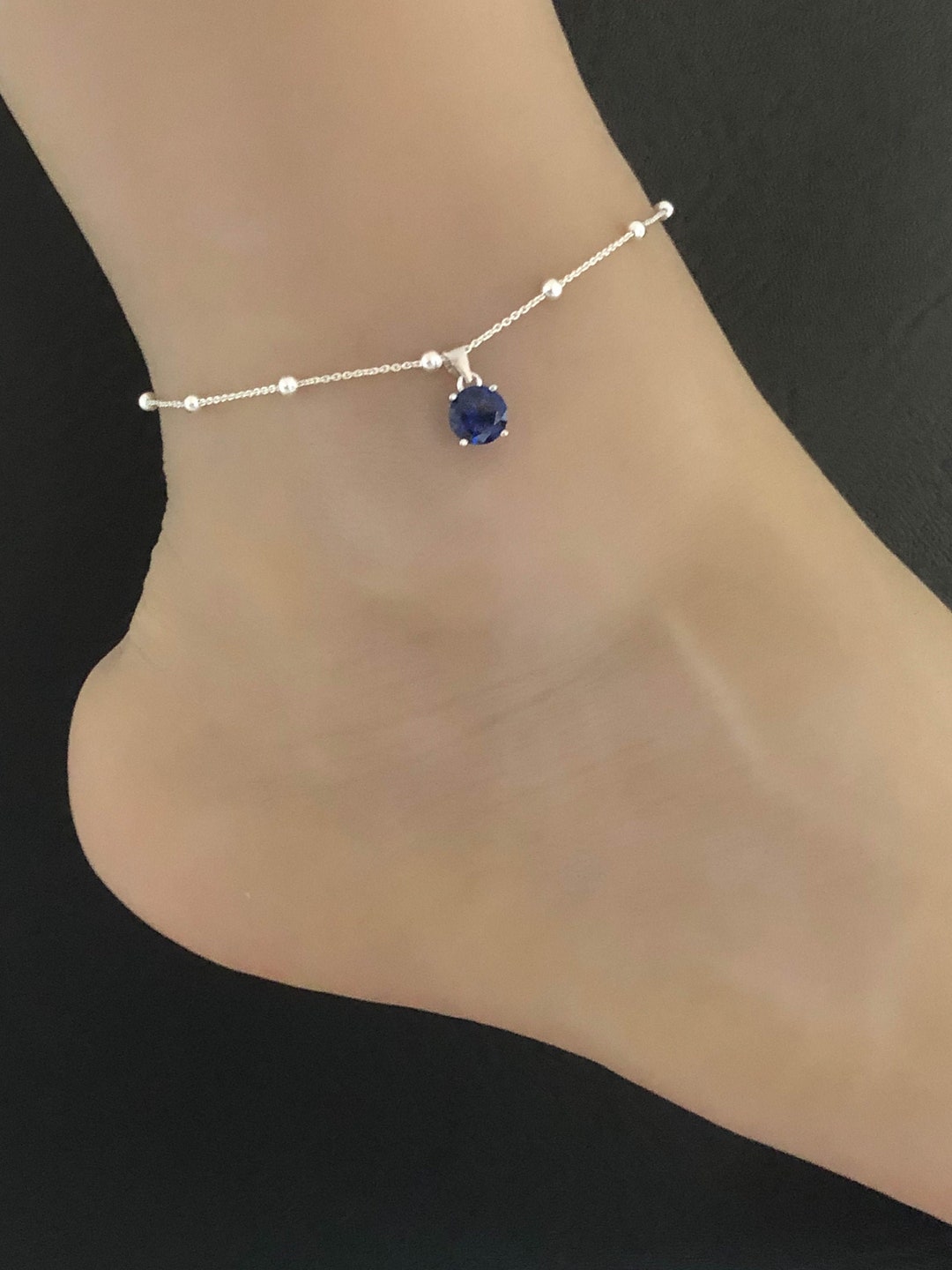 Blue Sapphire Anklet, Sterling Silver Beaded Ankle Bracelet, Sapphire ...