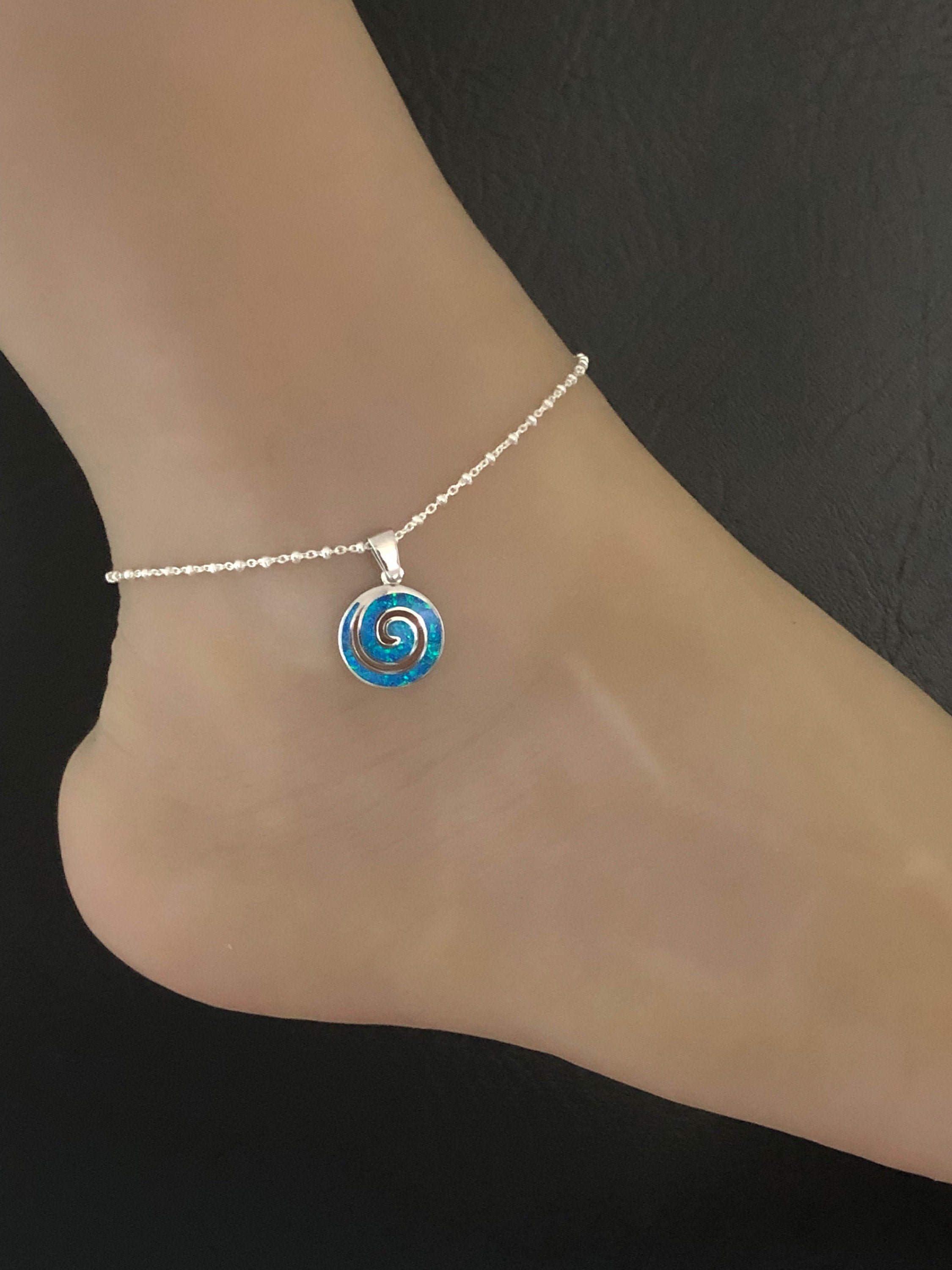 Blue Opal Swirl Anklet Sterling Silver Beaded Ankle Bracelet | Etsy