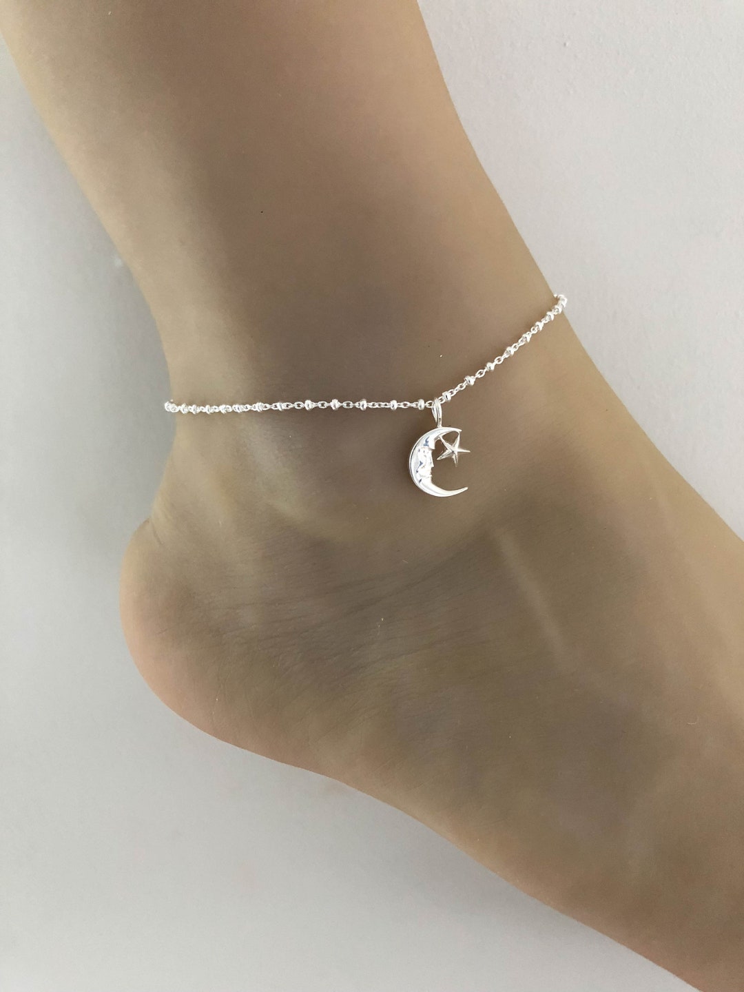 Moon and Star Anklet, Sterling Silver Beaded Ankle Bracelet, Celtic ...