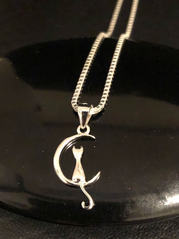 Cat on Moon Necklace Sterling Silver Cat Pendant Cat Charm | Etsy