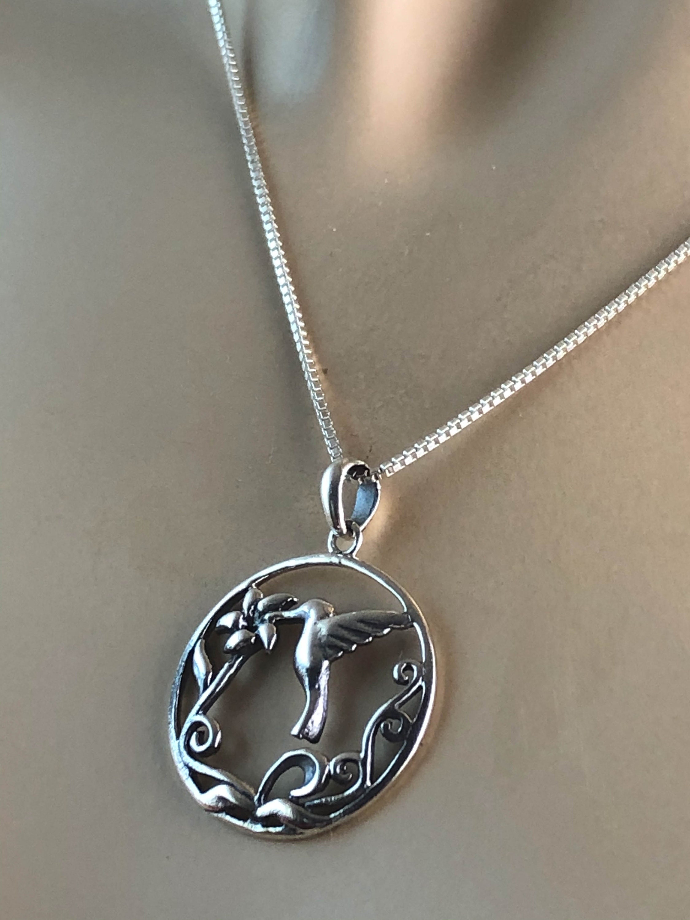 Hummingbird Flower Necklace, Sterling Silver Hummingbird Flower Pendant ...