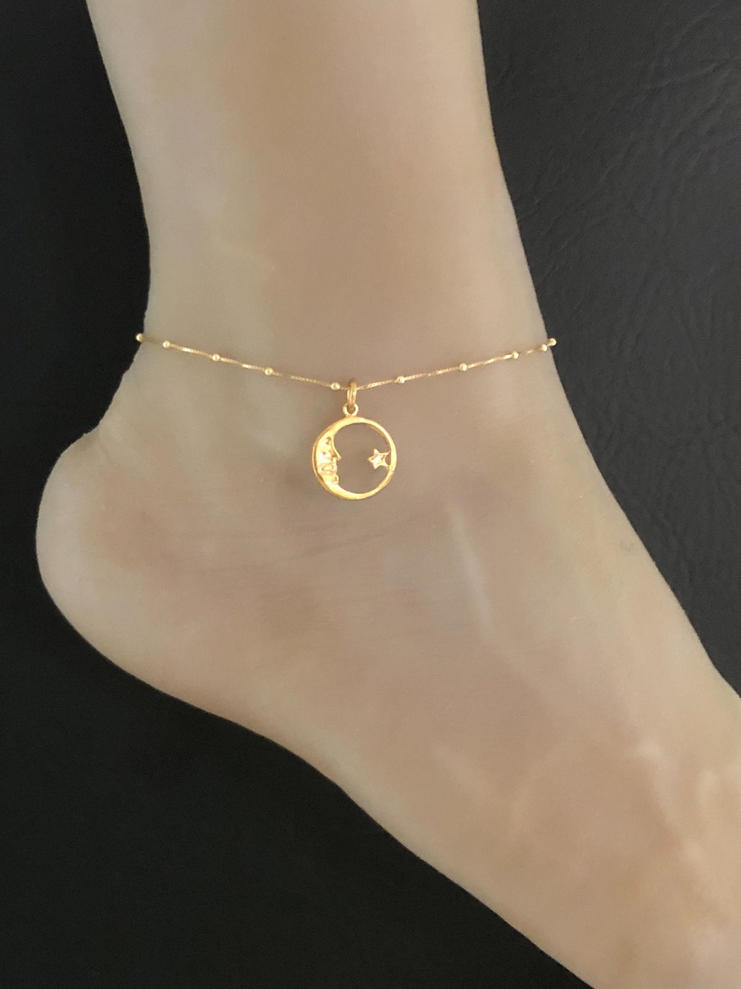 Moon and Star Anklet, Gold Plated Over Sterling Silver Beaded Ankle ...
