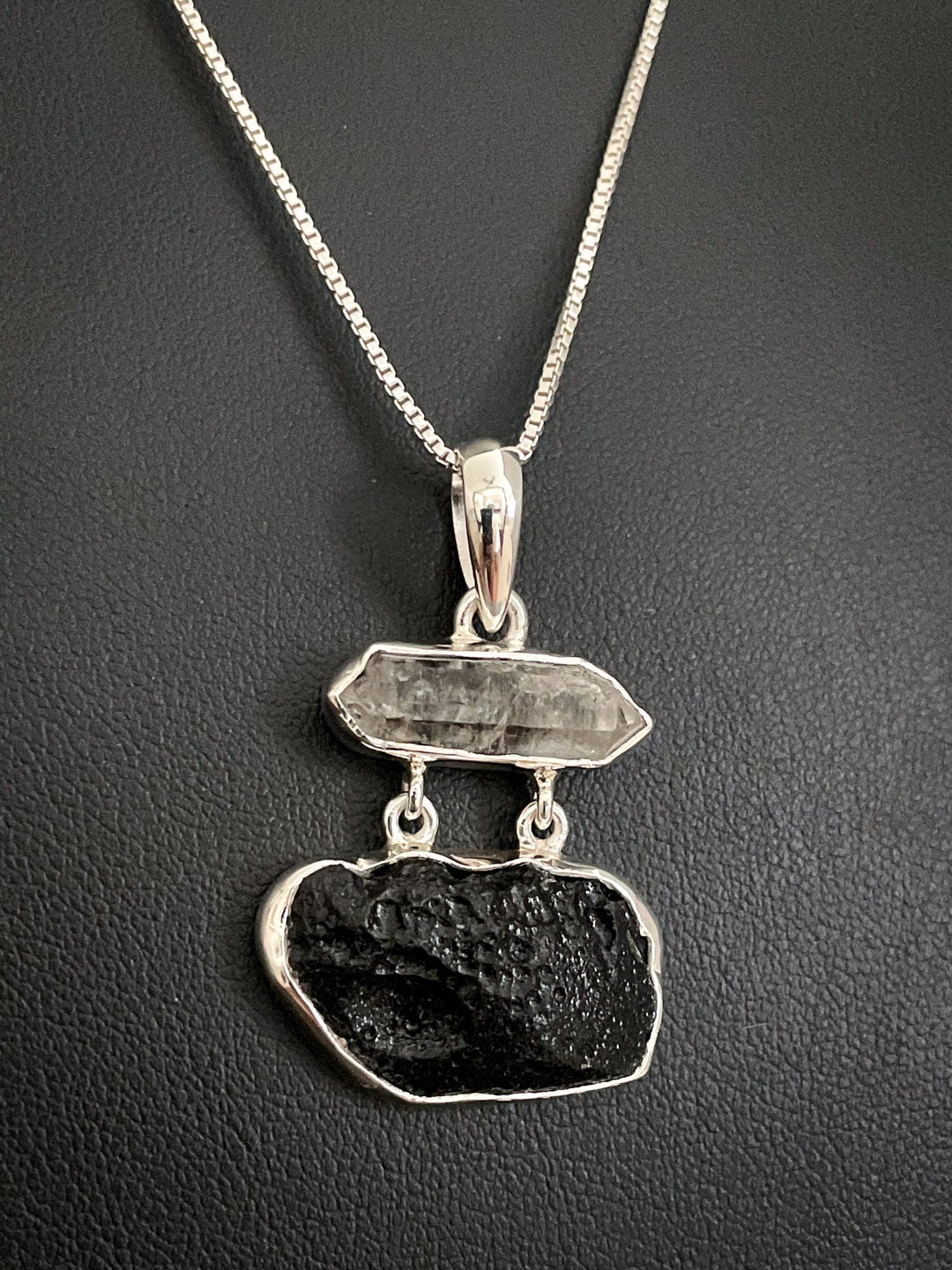 Genuine Tektite Pendant, Sterling Silver Herkimer Diamond Necklace ...
