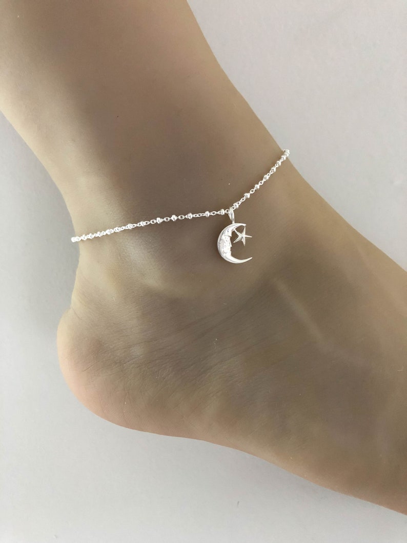 Moon and Star Anklet, Sterling Silver Beaded Ankle Bracelet, Celtic ...