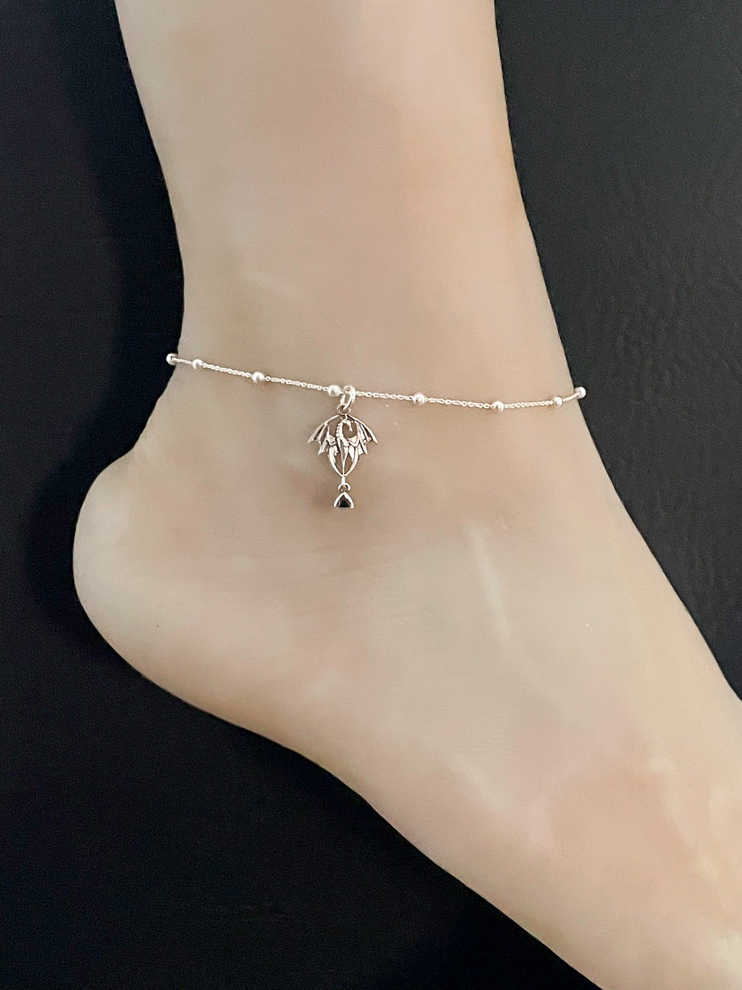 Natural Black Spinel Dragon Anklet, Sterling Silver Beaded Ankle ...