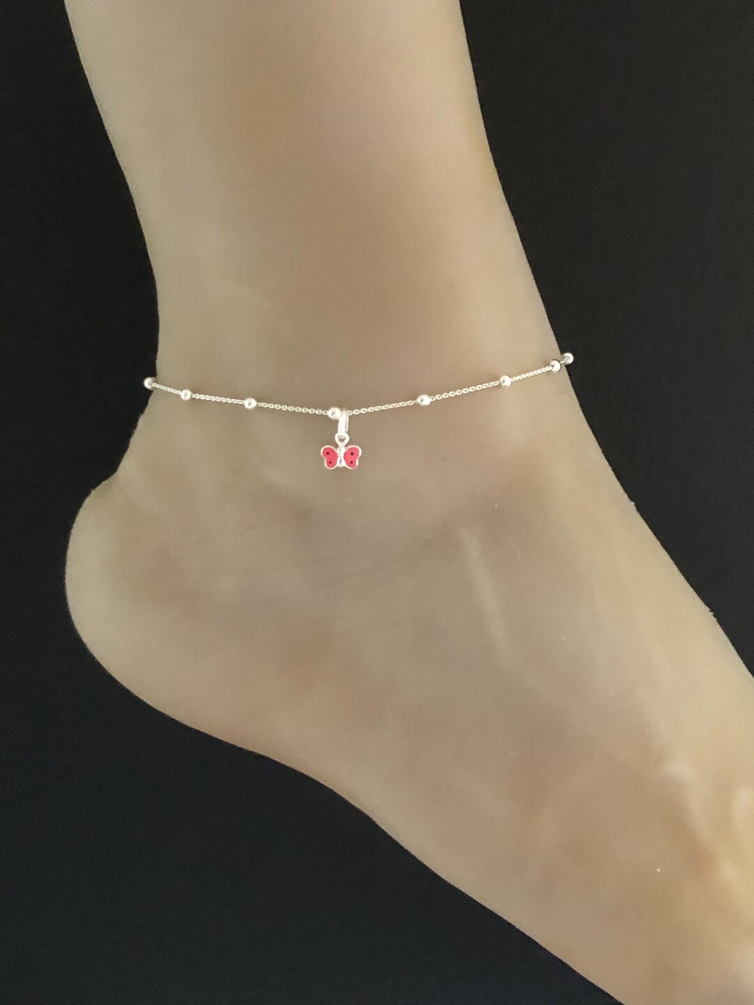 Pink Butterfly Anklet, Sterling Silver Beaded Ankle Bracelet, Good Luck ...