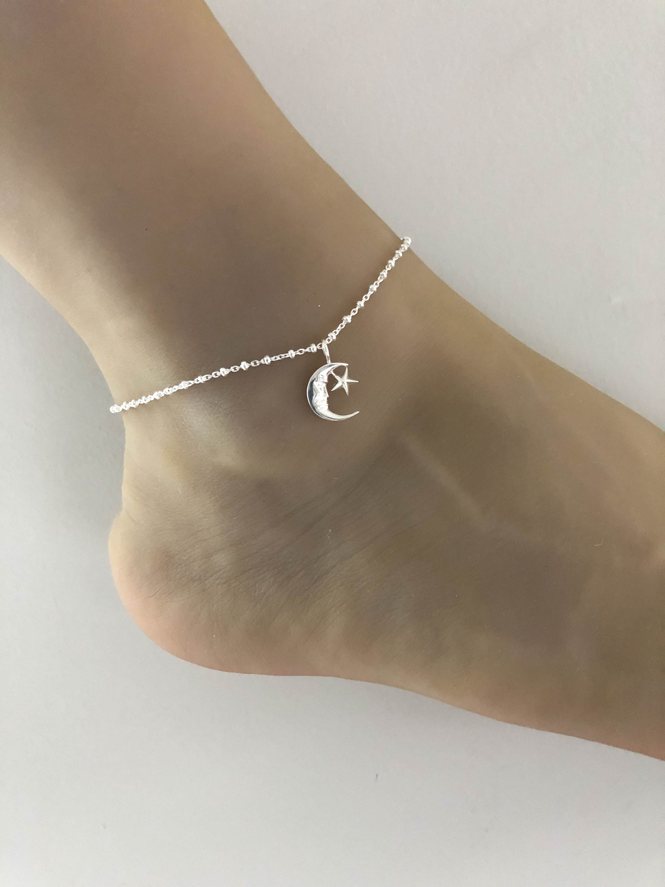 Moon and Star Anklet, Sterling Silver Beaded Ankle Bracelet, Celtic ...