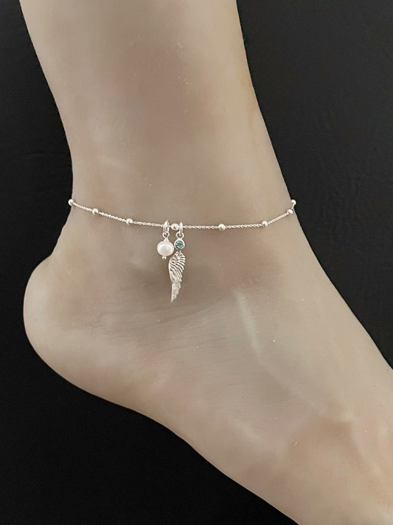 Natural Blue Topaz Angel Wing Anklet Sterling Silver Beaded Ankle Bracelet Guardian Angel Anklet Memorial Jewelry Mother of Pearl Anklet Etsy UK