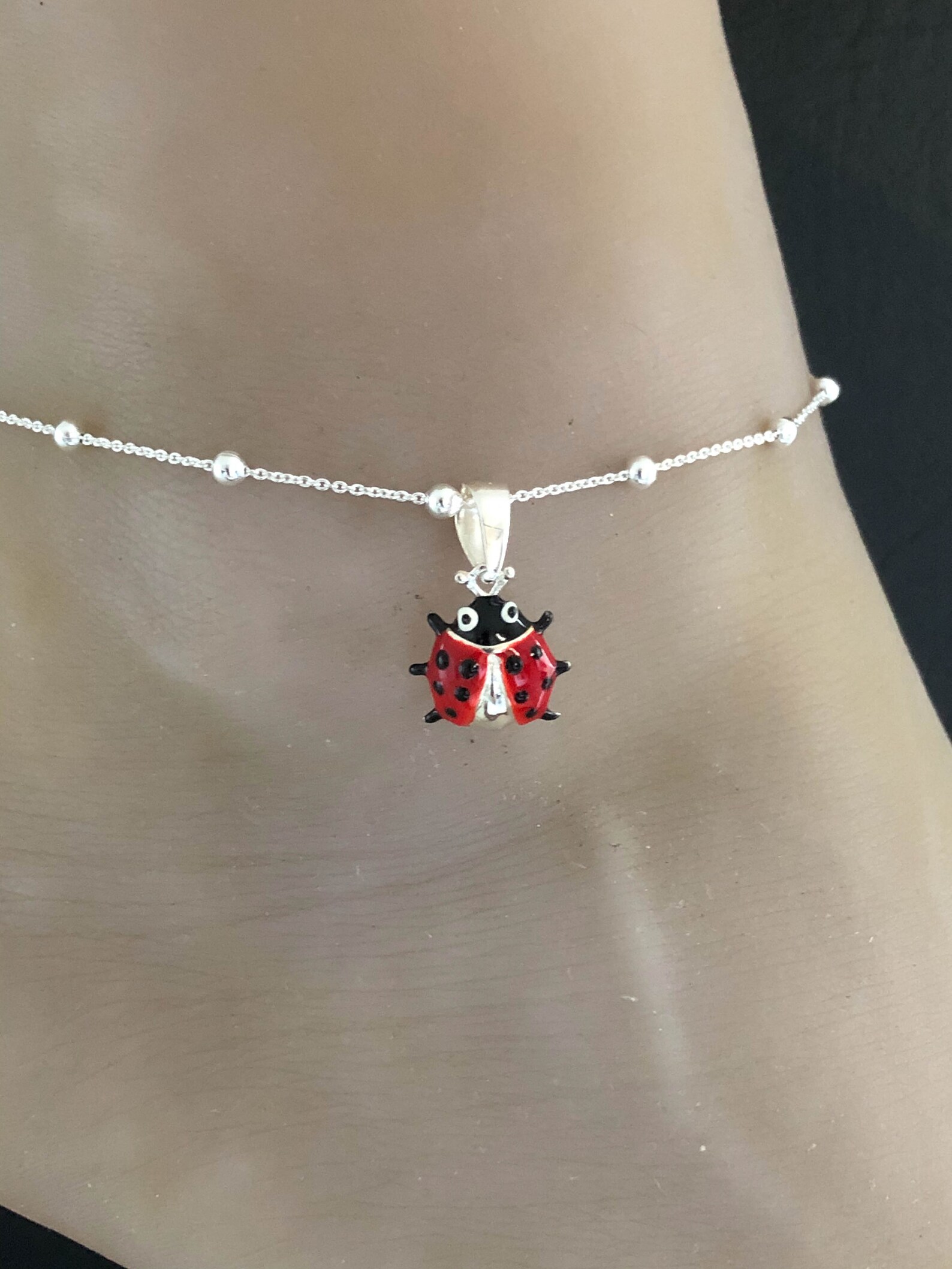 Red & Black Ladybug Anklet Sterling Silver Beaded Ankle | Etsy