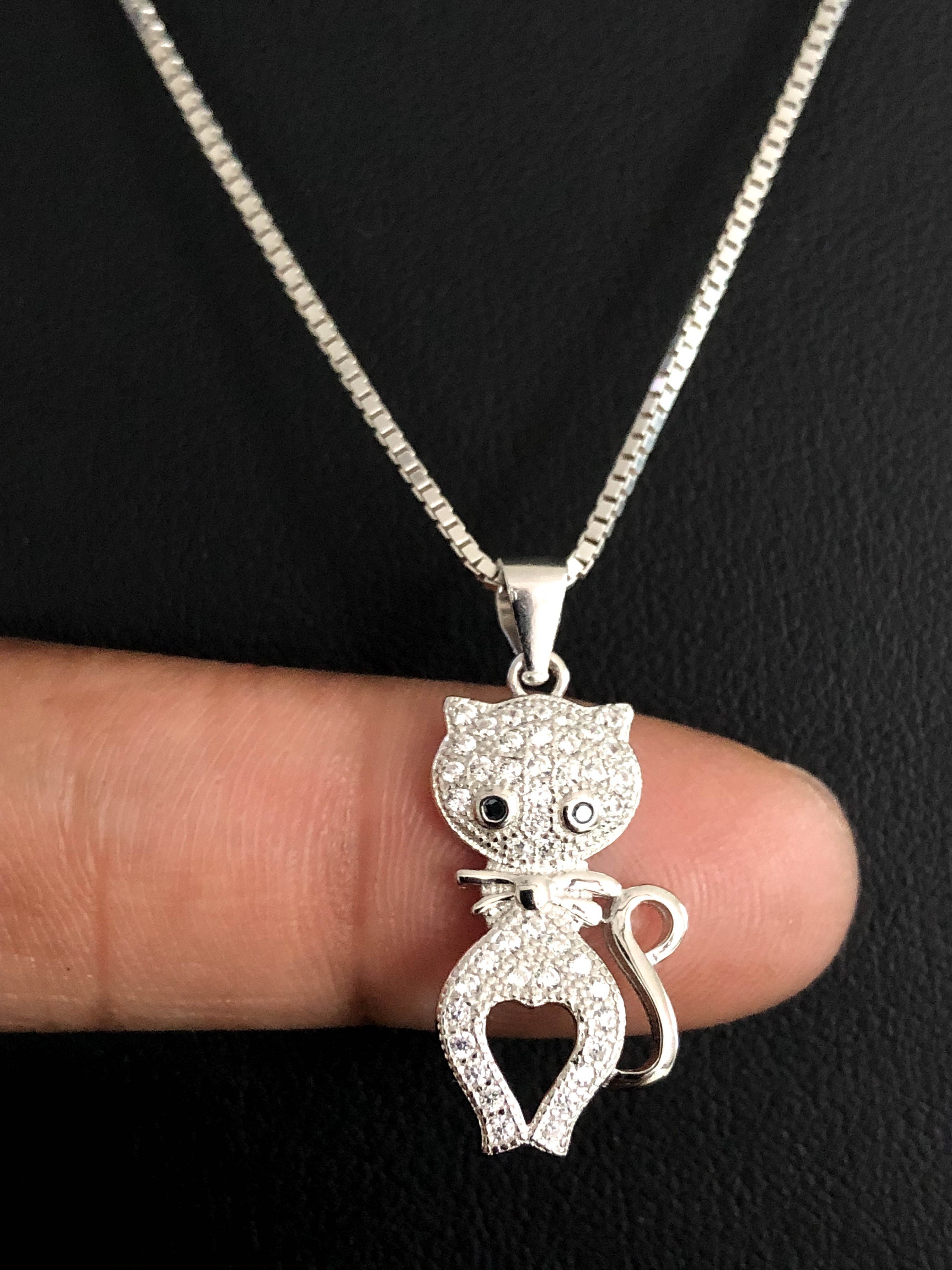 Cat Necklace Sterling Silver CZ Cat Necklace Cat Charm | Etsy