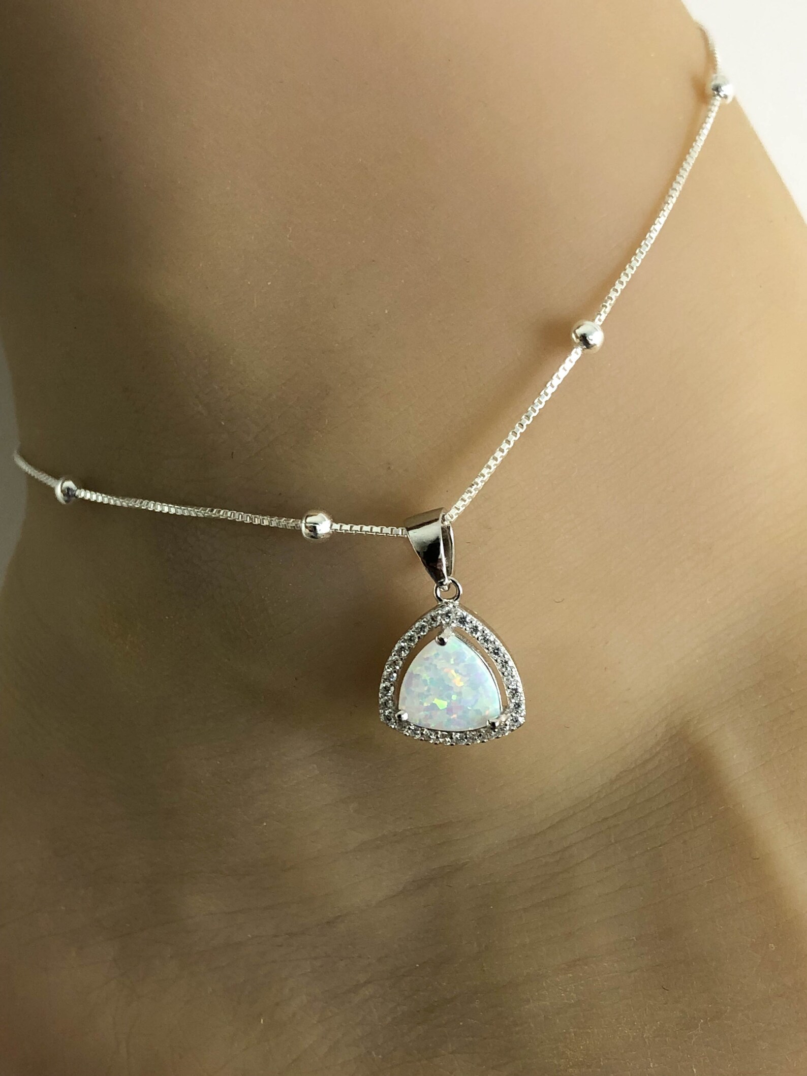 White Opal Anklet, Sterling Silver Beaded Ankle Bracelet, Good Luck ...
