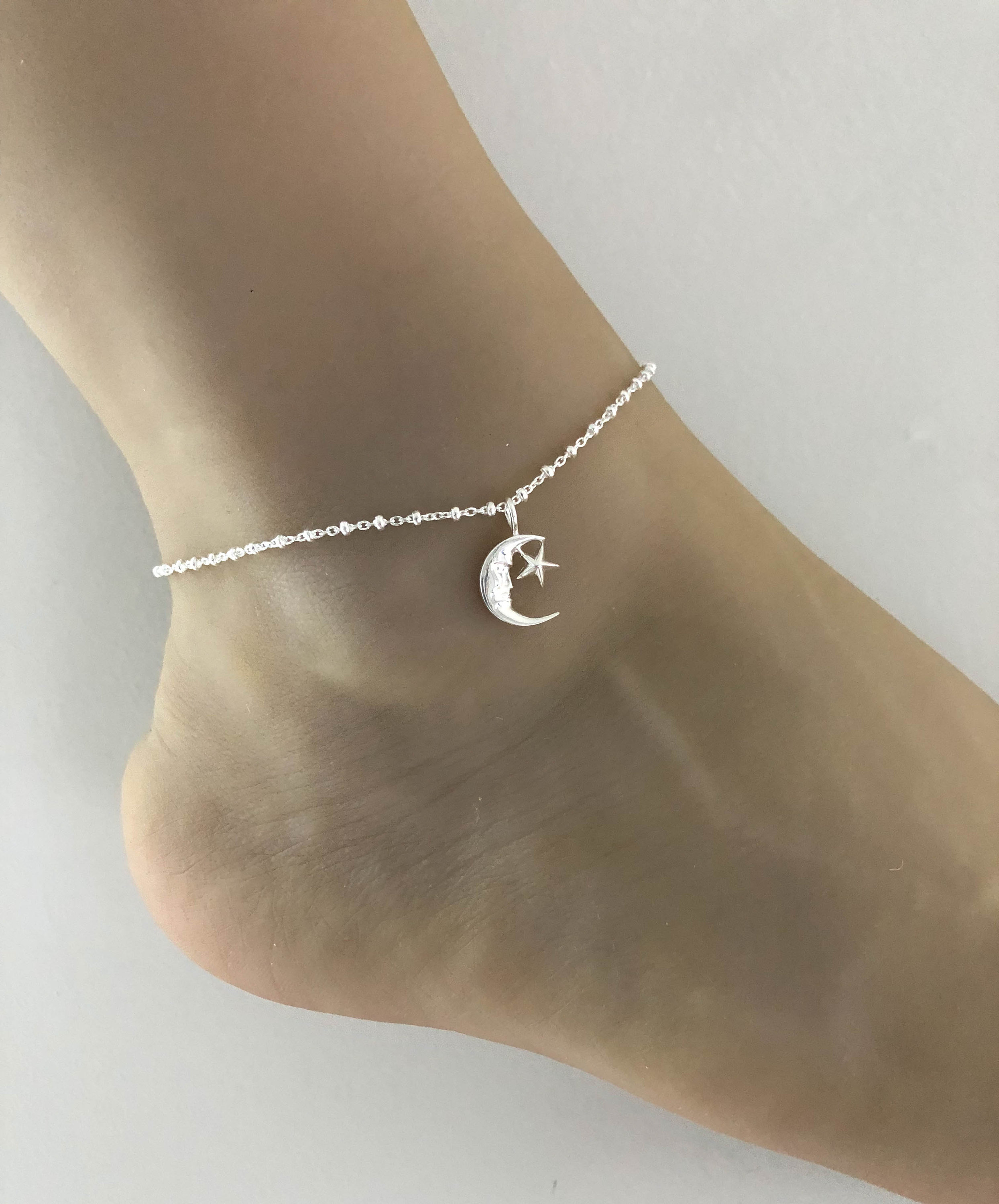 Moon and Star Anklet, Sterling Silver Beaded Ankle Bracelet, Celtic ...