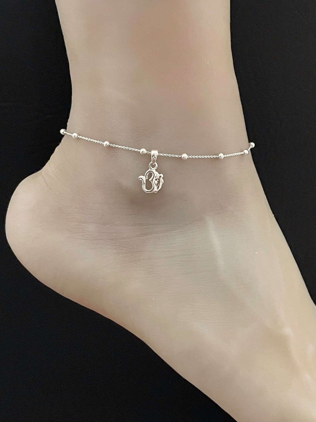 Om Sign Anklet, Sterling Silver Beaded Ankle Bracelet, Good Luck Charm ...