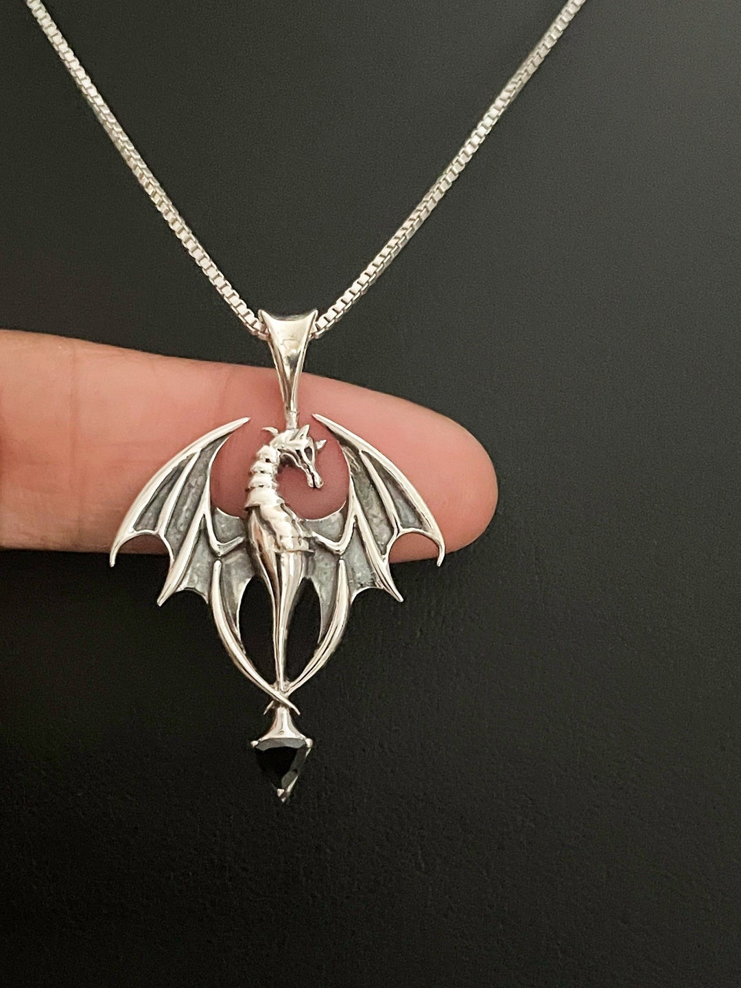 Natural Black Spinel Dragon Necklace, Sterling Silver Dragon Black ...