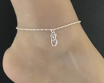 Peace Sign Anklet Sterling Silver Beaded Ankle Bracelet Good | Etsy