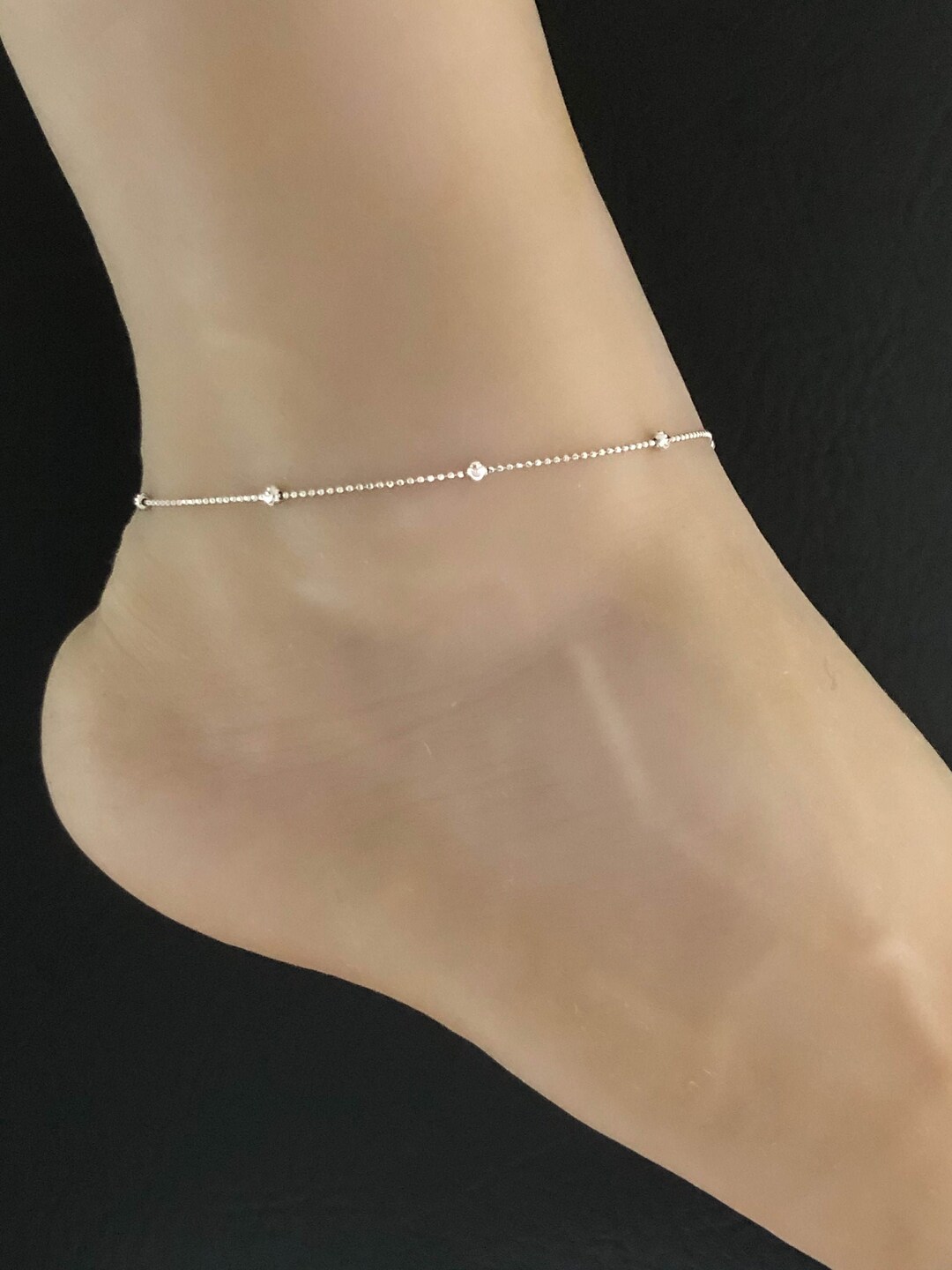 925 Sterling Silver Rhodium Plated Beaded Ankle Bracelet, Good Luck ...