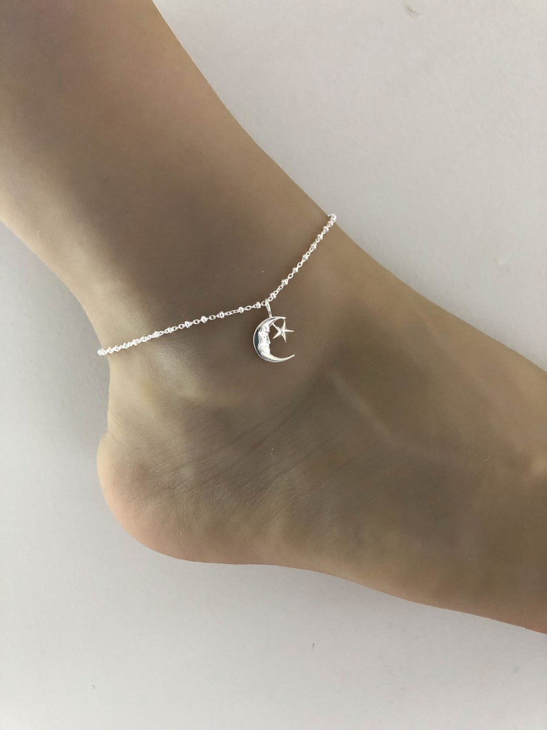 Moon and Star Anklet Sterling Silver Beaded Ankle Bracelet - Etsy