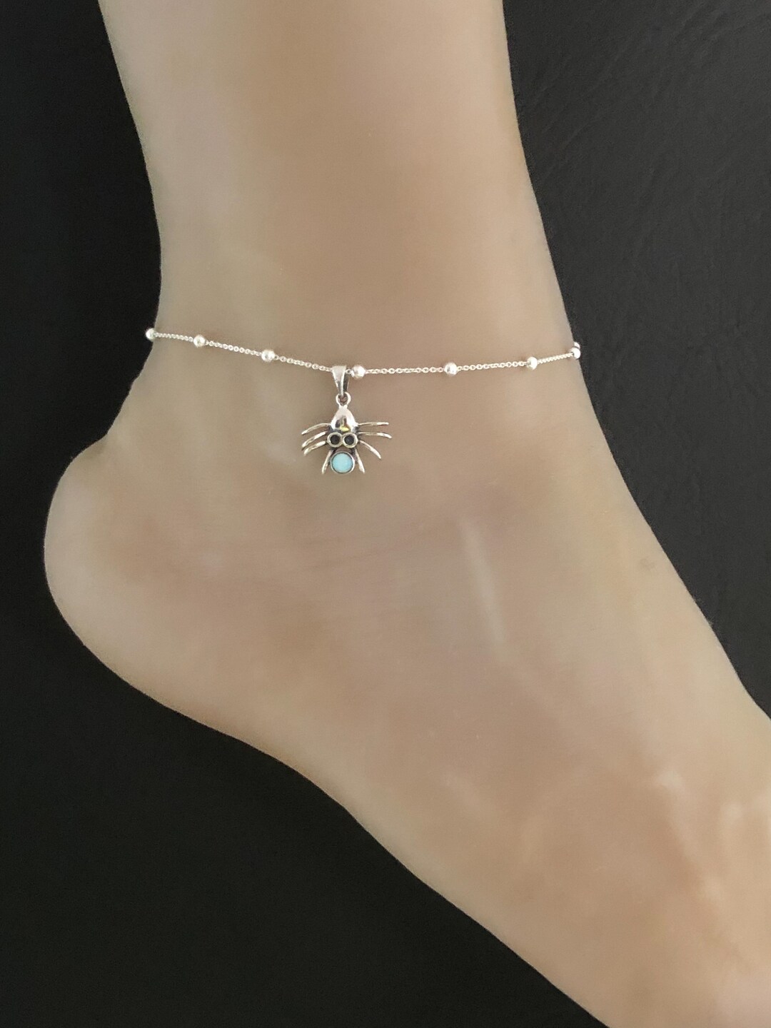 Natural Larimar Tarantula Anklet, Sterling Silver Beaded Ankle Bracelet ...