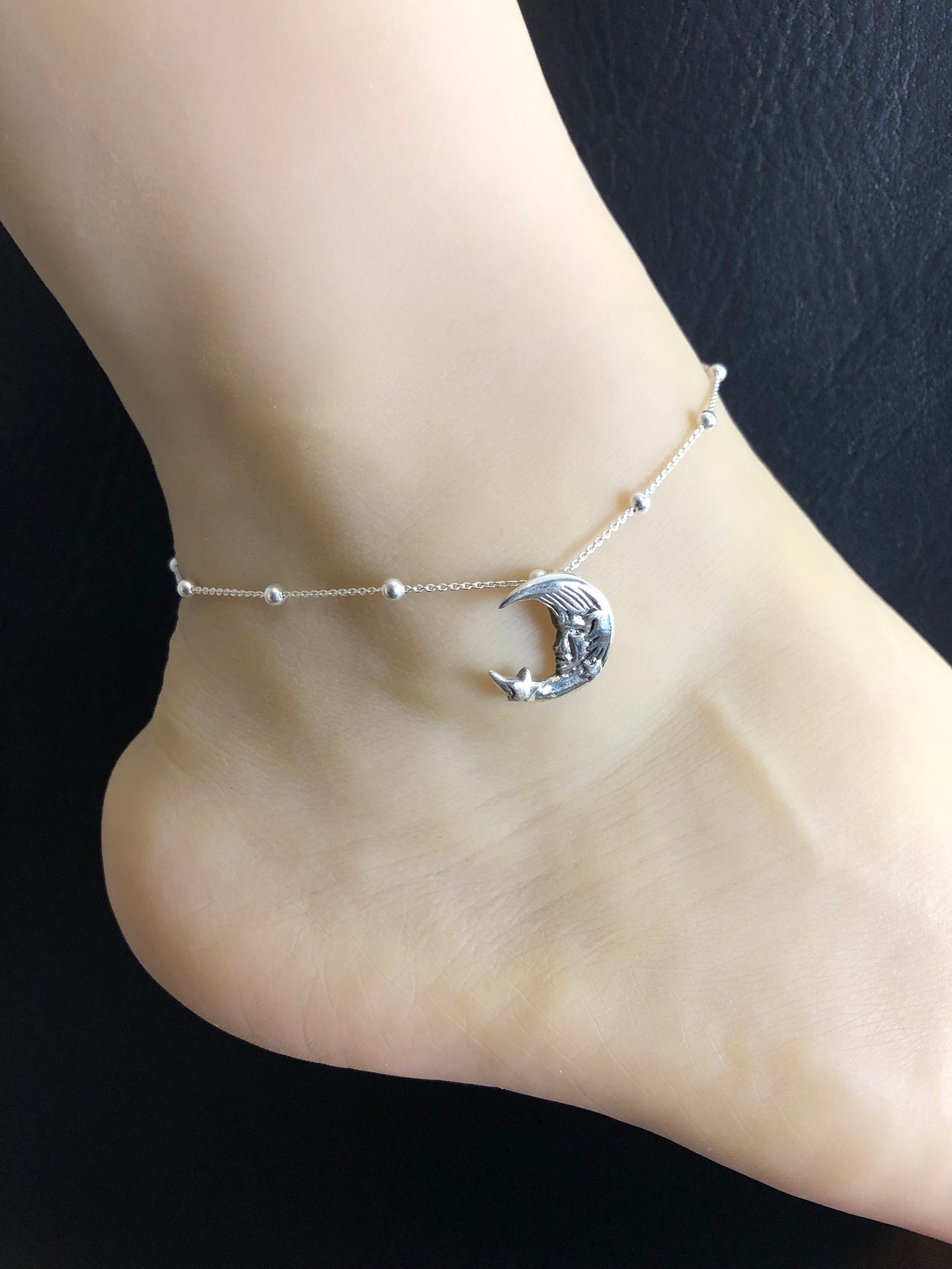 Moon and Star Anklet Sterling Silver Beaded Ankle Bracelet - Etsy