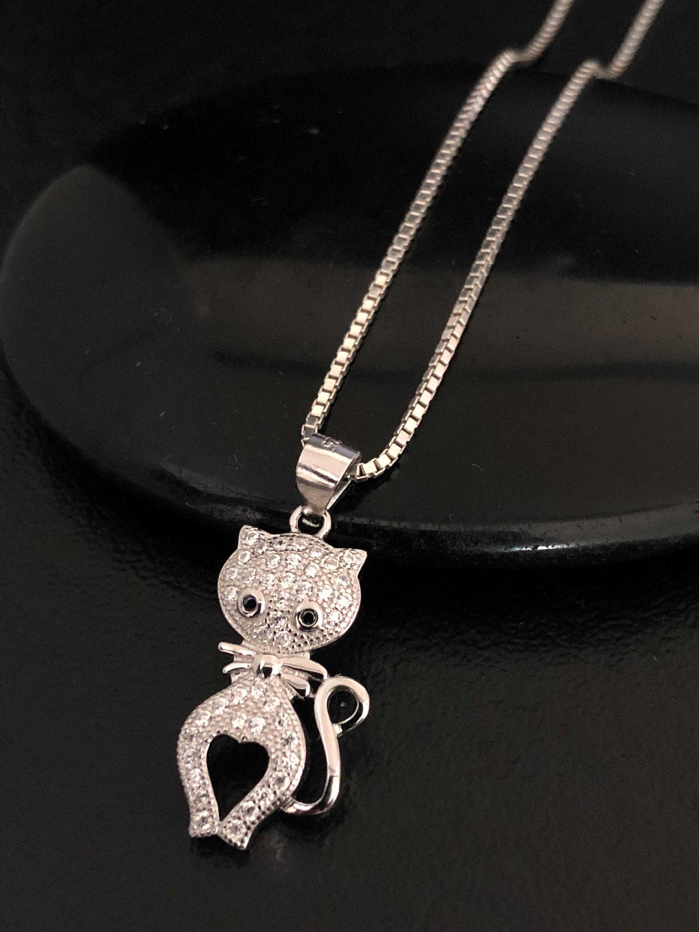 Cat Necklace Sterling Silver CZ Cat Necklace Cat Charm | Etsy