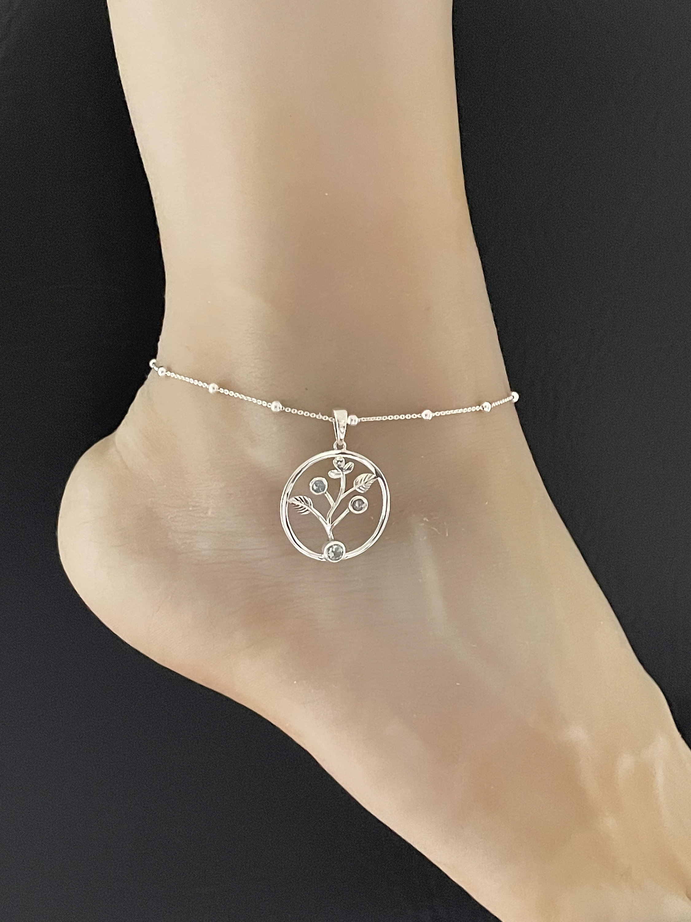 Natural Blue Topaz Tree of Life Anklet, Sterling Silver Beaded Ankle ...