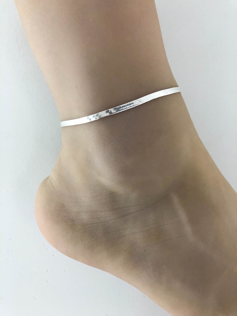 Herringbone Anklet Sterling Silver Snake Chain Ankle - Etsy