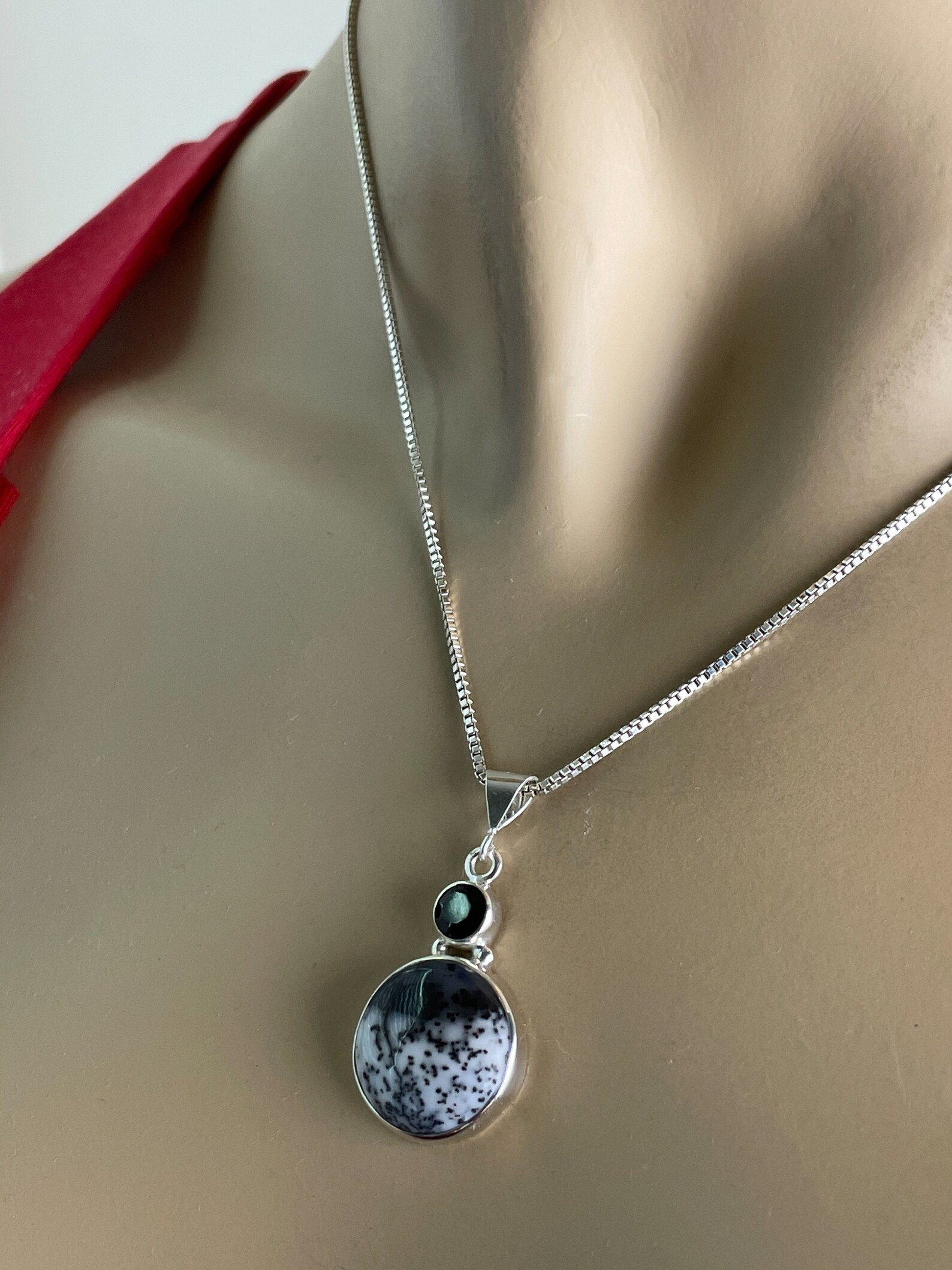 Natural Merlinite Necklace, Sterling Silver Dendritic Opal Pendant ...