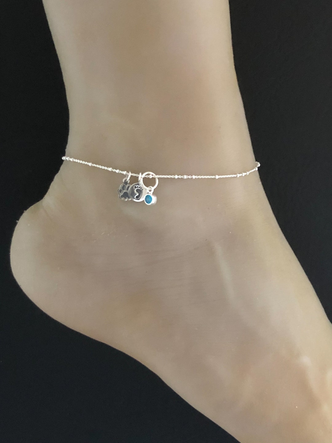 Paw Print Anklet, Sterling Silver Beaded Ankle Bracelet, Good Luck ...