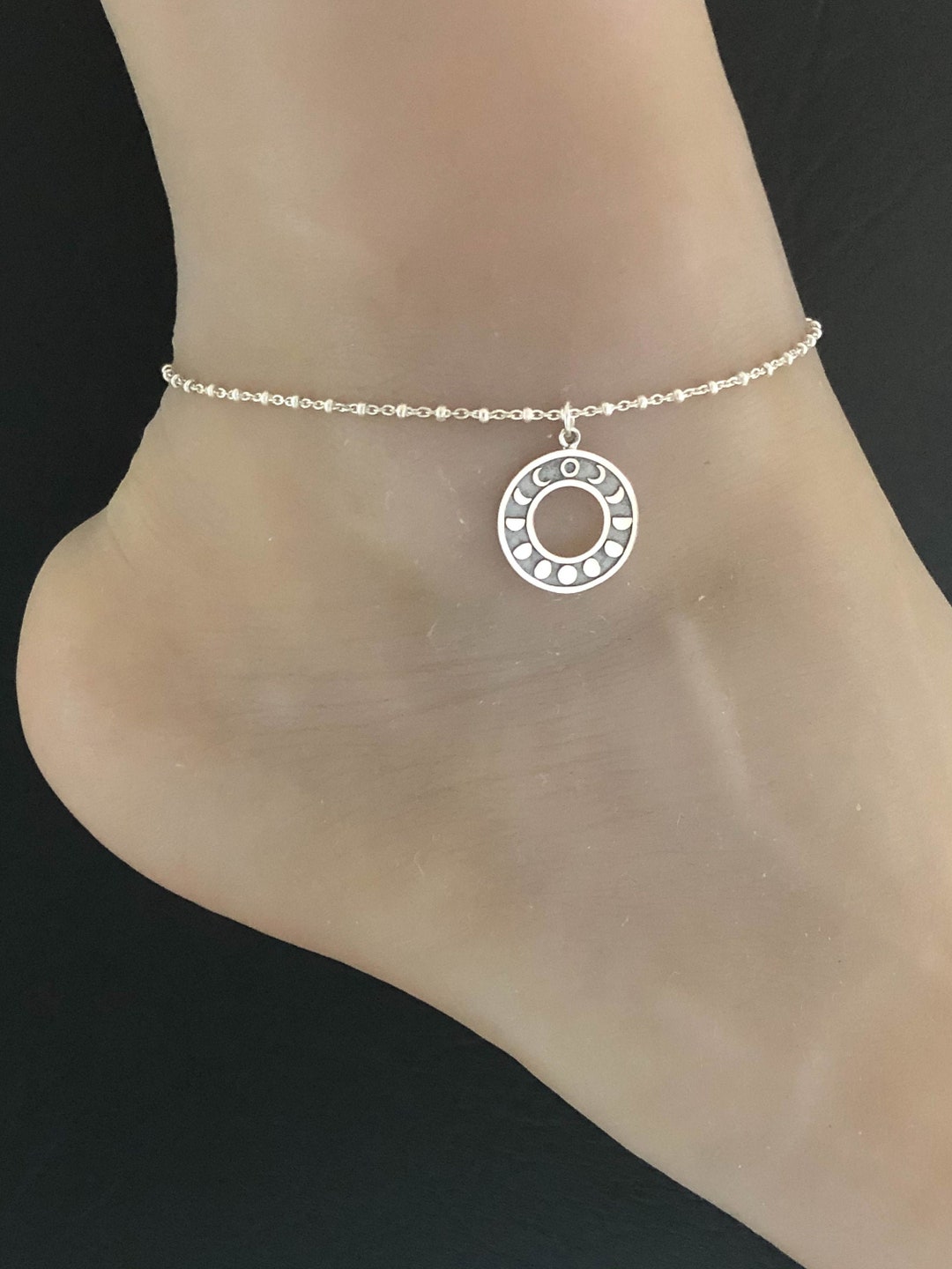 Moon Phase Anklet, Sterling Silver Beaded Ankle Bracelet, Moon Charm Anklet, Summer Anklet ...