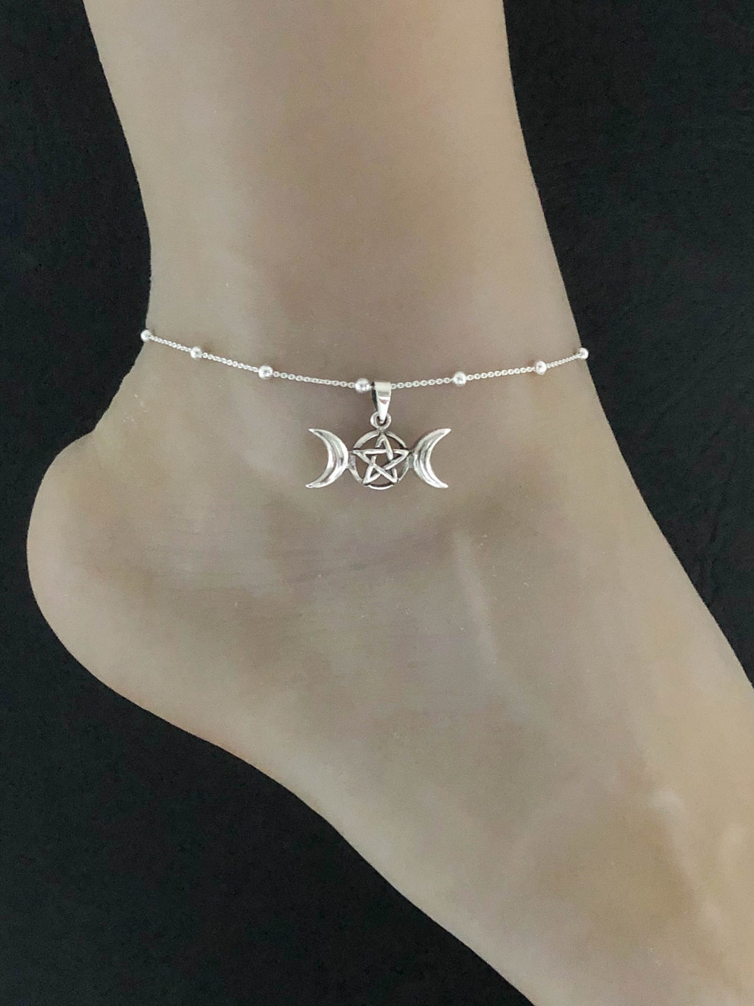 Triple Crescent Moon Anklet, Sterling Silver Beaded Ankle Bracelet, Pentacle Moon Charm Anklet ...