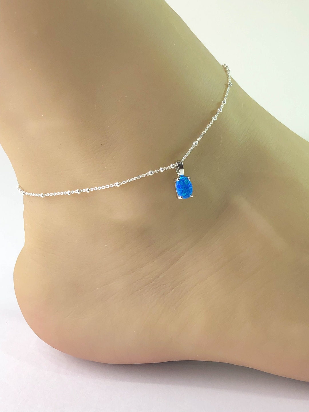 Blue Opal Anklet, Sterling Silver Beaded Ankle Bracelet, Good Luck ...