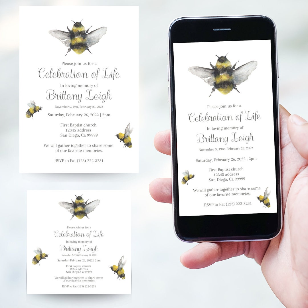 Editable Celebration of Life Invitation Bee Funeral Invite - Etsy Israel