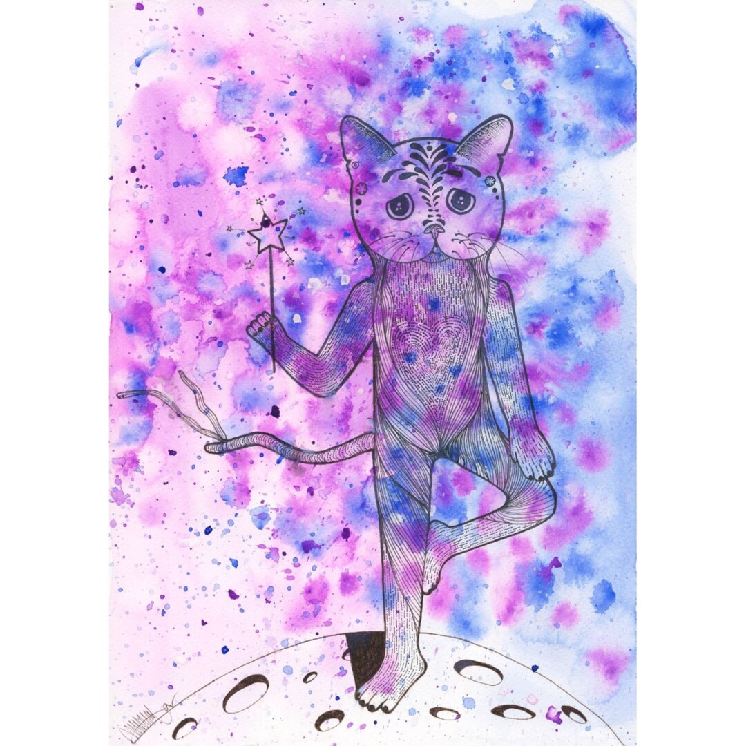 Wanderer Cat Around the Galaxy, Watercolor and Ink Painting, High ...