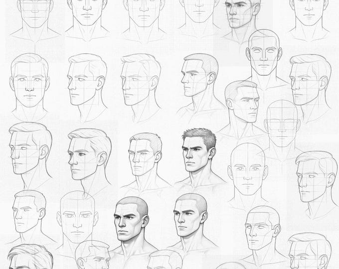 Male Face Template, Golden Ratio Grid, Front Face Sketch (digital ...