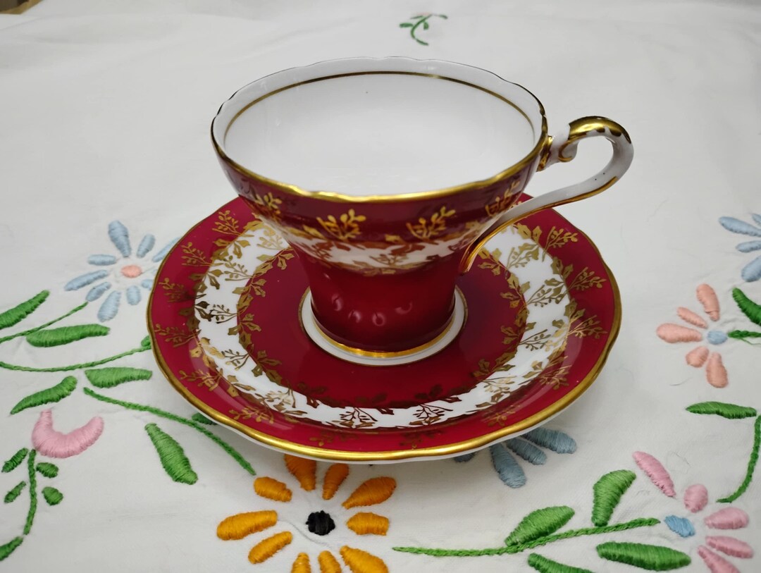 Aynsley Burgundy Gold Cup and Saucer Pattern 1468S Fine Bone China ...