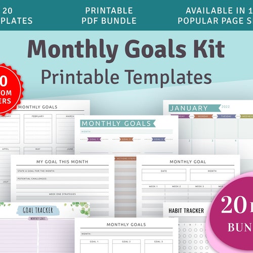 Monthly Goal Setting Kit Collection 20in1 Printable Monthly | Etsy