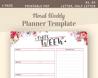 Floral Printable Weekly Agenda| Editable Weekly Calendar| Fillable PDF ...