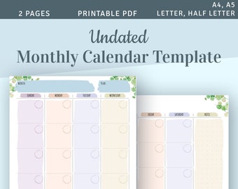 Undated Editable Monthly Calendar Printable Planner PDF - Etsy