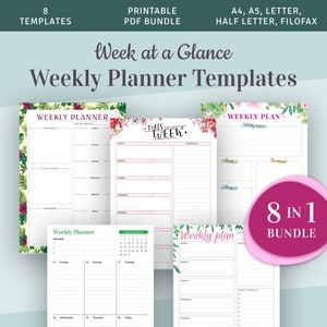 Weekly Planners Kit, Printable Week at a Glance Templates 8 in 1 Bundle ...
