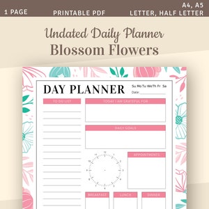 Undated Daily Planner Blossom Flowers, Daily Agenda Template With to Do ...