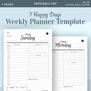 Weekly Planner Template 7 Happy Days, Daily Planner Printable, Hourly ...