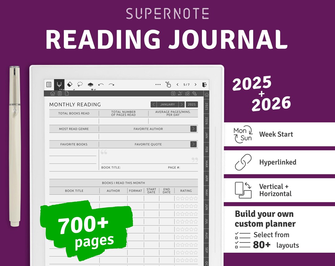 Supernote Reading Journal 2025 - 2026, Digital Hyperlinked PDF ...