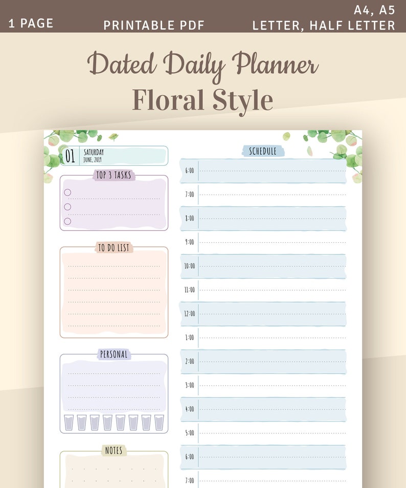 Daily Planner Printable Template Floral Dated Daily Schedule | Etsy
