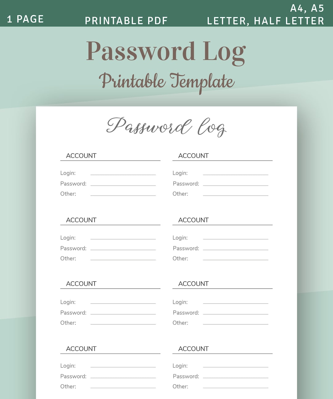 Printable Password Keeper Template, Password Tracker Page, Password Log ...