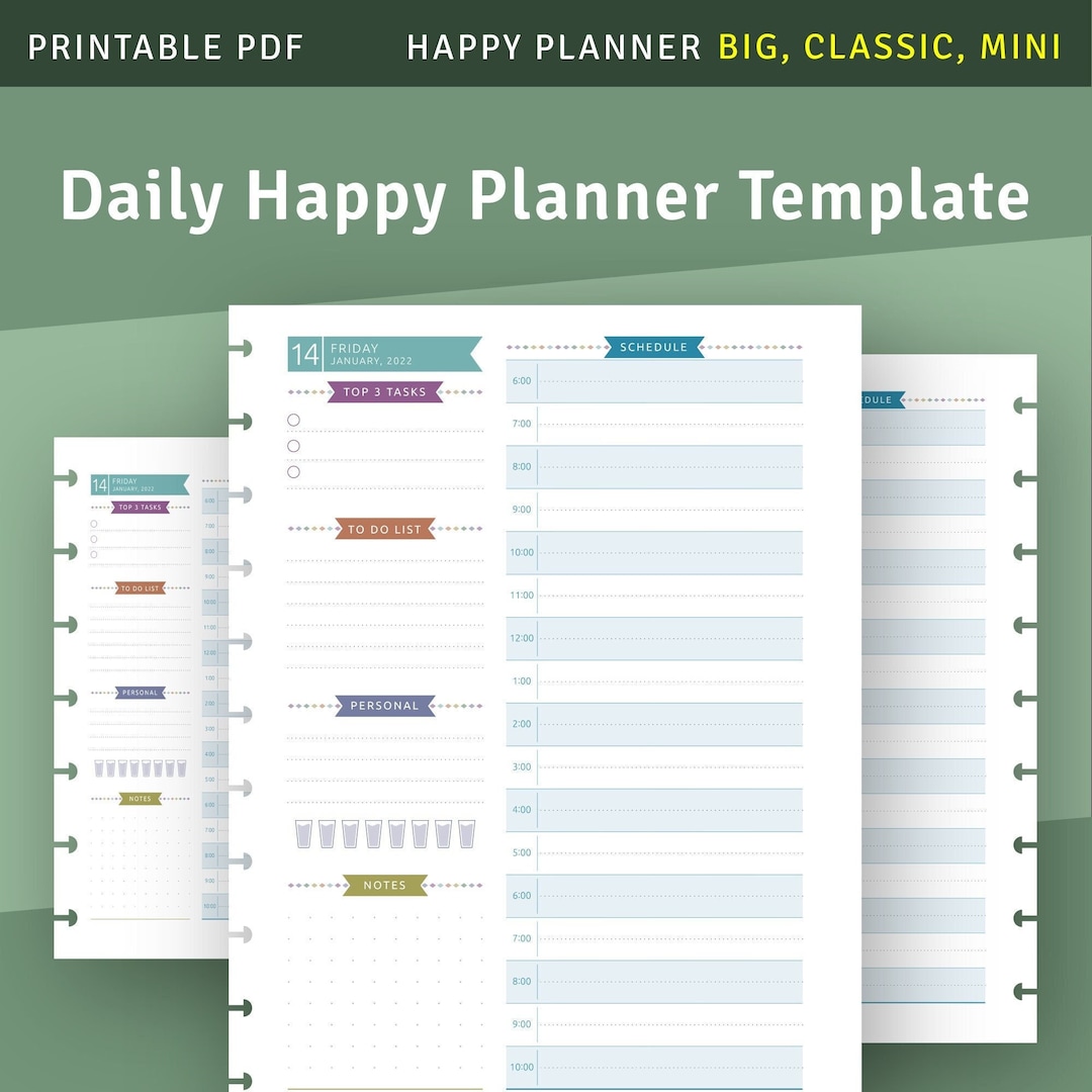 Daily Happy Planner Template, Day on One Page Printable Insert for ...