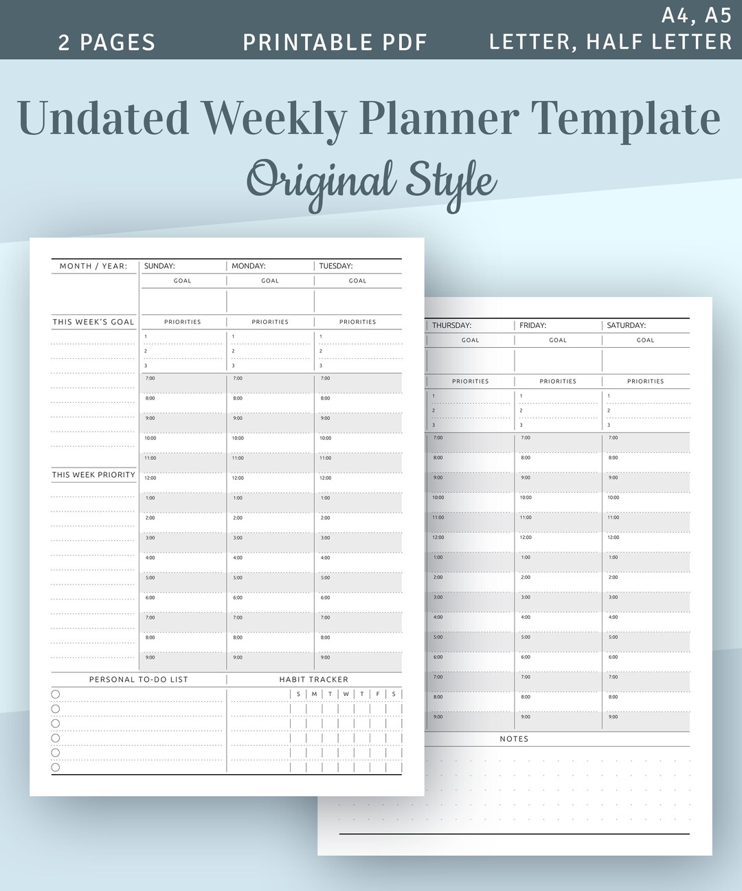 Undated Weekly Planner Template, Printable Agenda (A4, A5, Letter) - Etsy