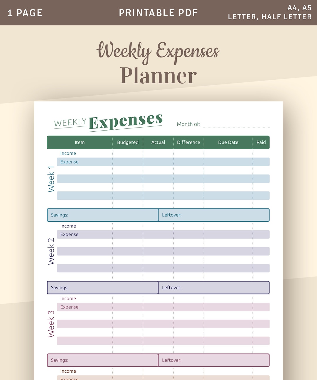 Weekly Expenses Printable Template, Expenses Tracker, Income and ...