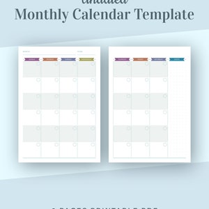 Undated Monthly Calendar Printable Template, Monthly Planner, Month on ...