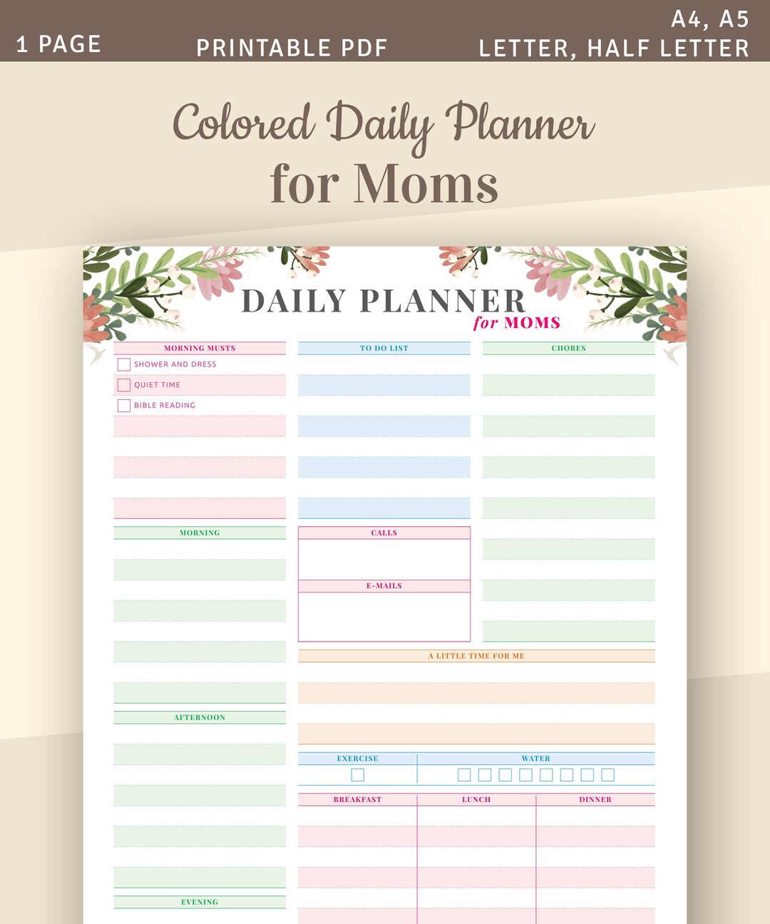 Colored Daily Planner Template for Moms, Mother's Daily Planner ...